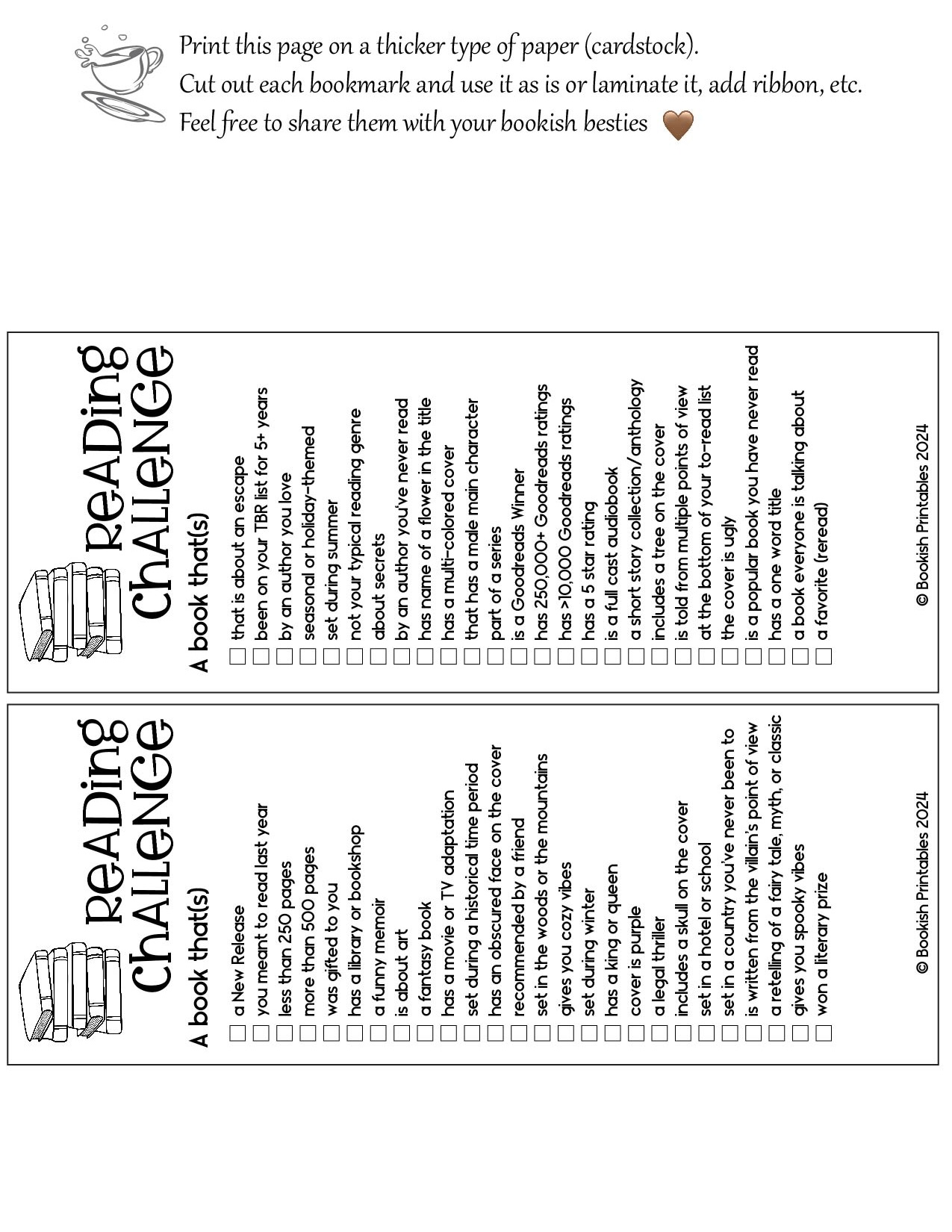 52 Prompts for Your Yearly Reading Challenge: Printable PDFs - Bookish ...