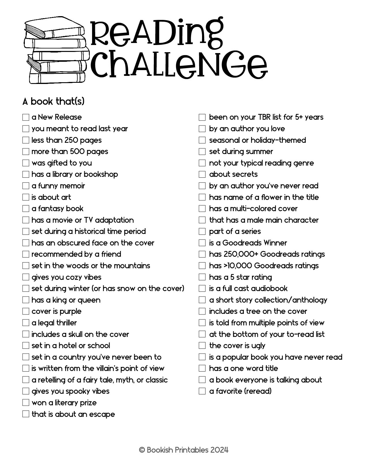 52 Prompts for Your Yearly Reading Challenge: Printable PDFs - Bookish ...