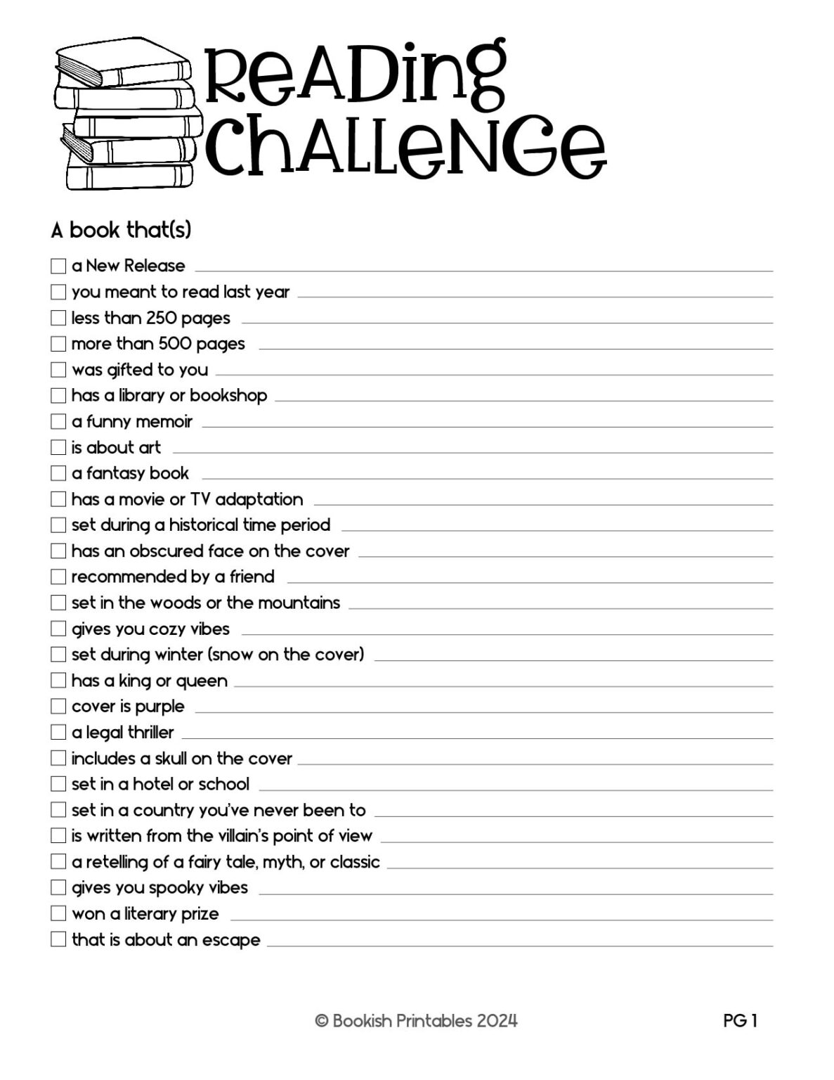 52 Prompts for Your Yearly Reading Challenge: Printable PDFs - Bookish ...