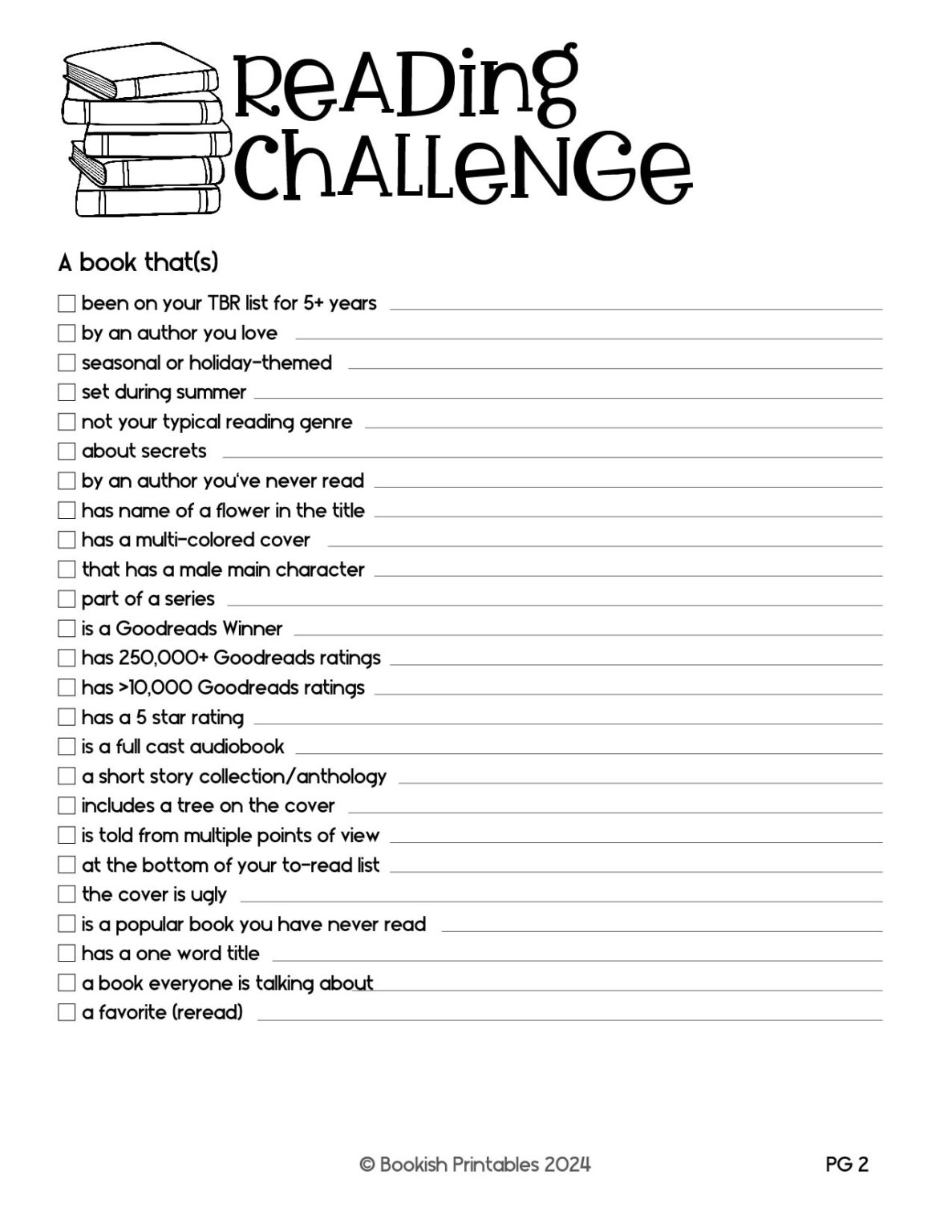 52 Prompts for Your Yearly Reading Challenge: Printable PDFs - Bookish ...